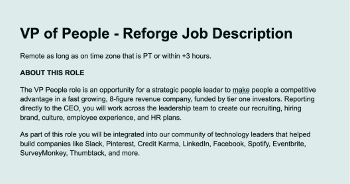 VP of People Job Description at Reforge