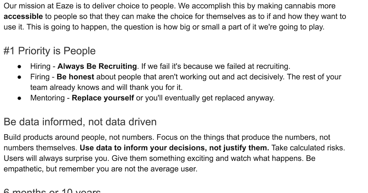 Leadership principles and product values at Eaze
