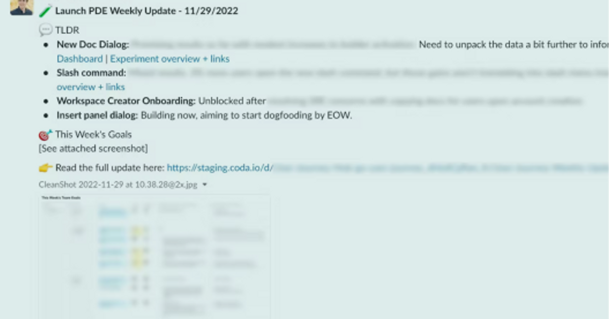 Weekly outcomes update message at Coda