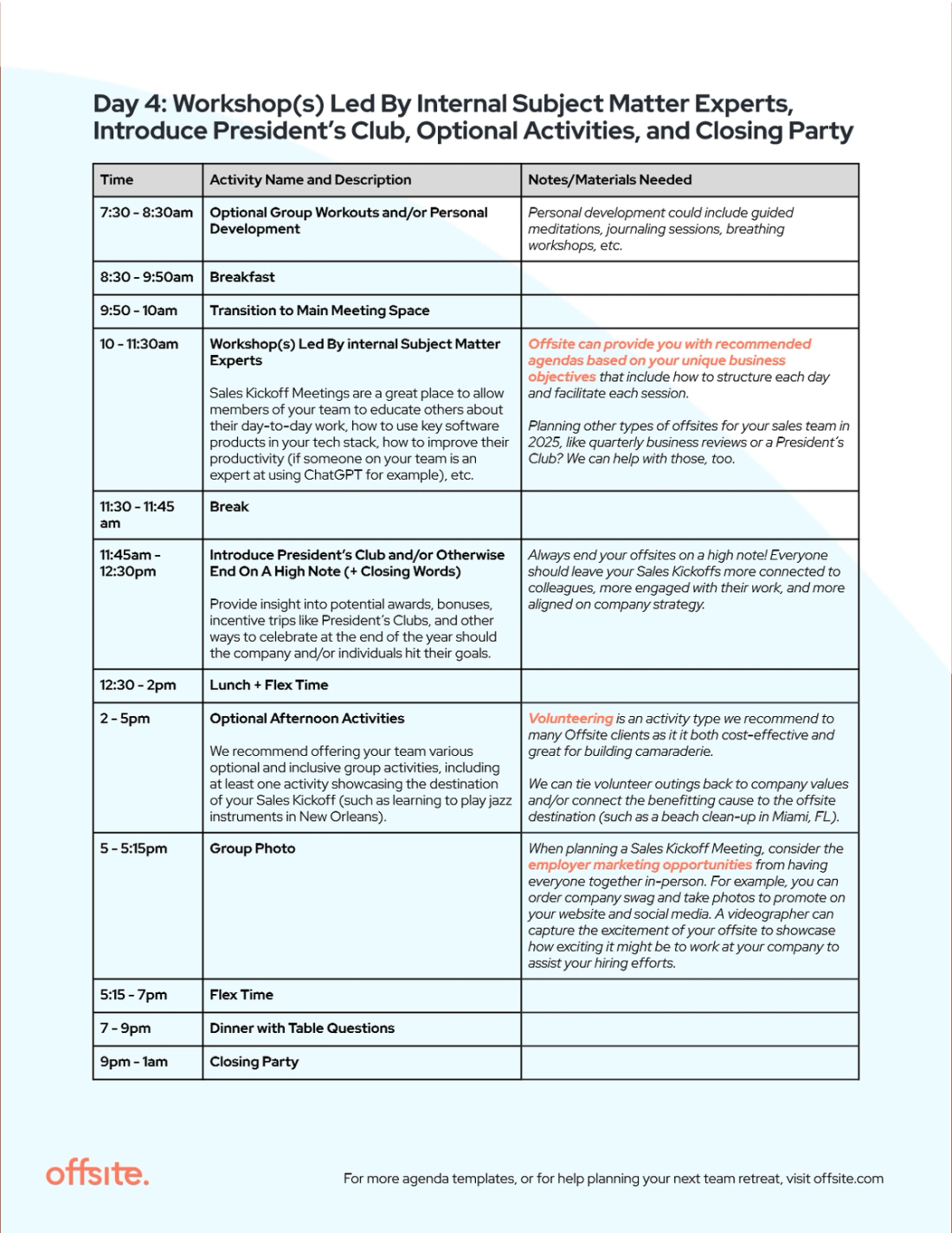 Sales Kickoff (SKO) agenda template at Offsite.com