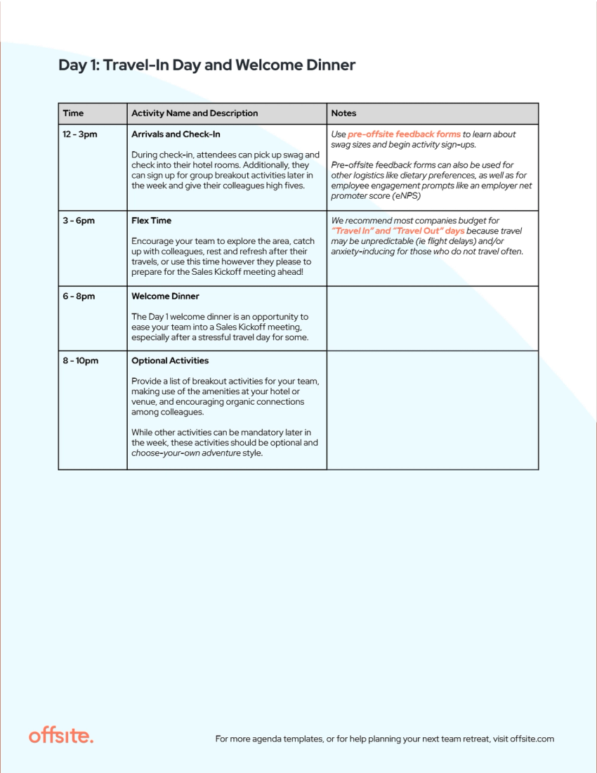 Sales Kickoff (SKO) agenda template at Offsite.com