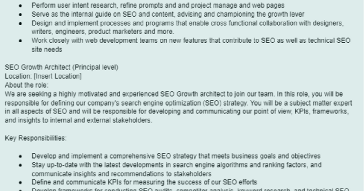 SEO Principal and Growth Architect Job Description at Large Enterprise