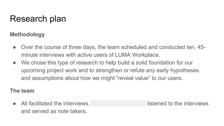 User research insights presentation at LUMA