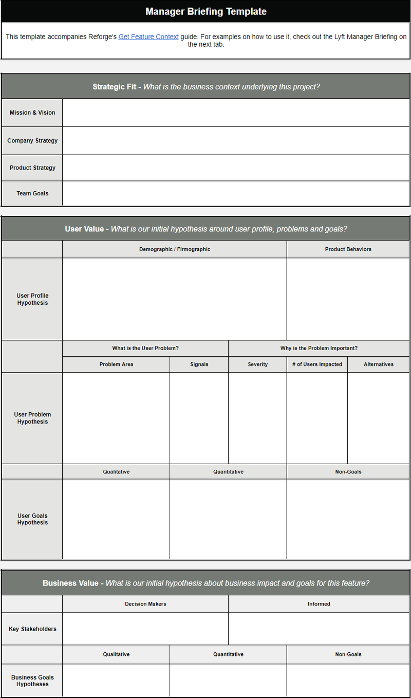 Manager briefing template from Reforge