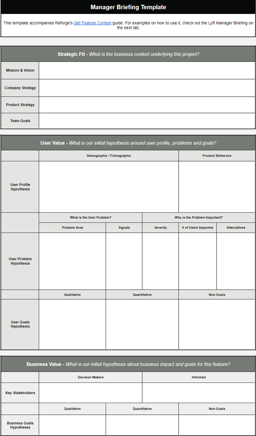 Manager briefing template from Reforge