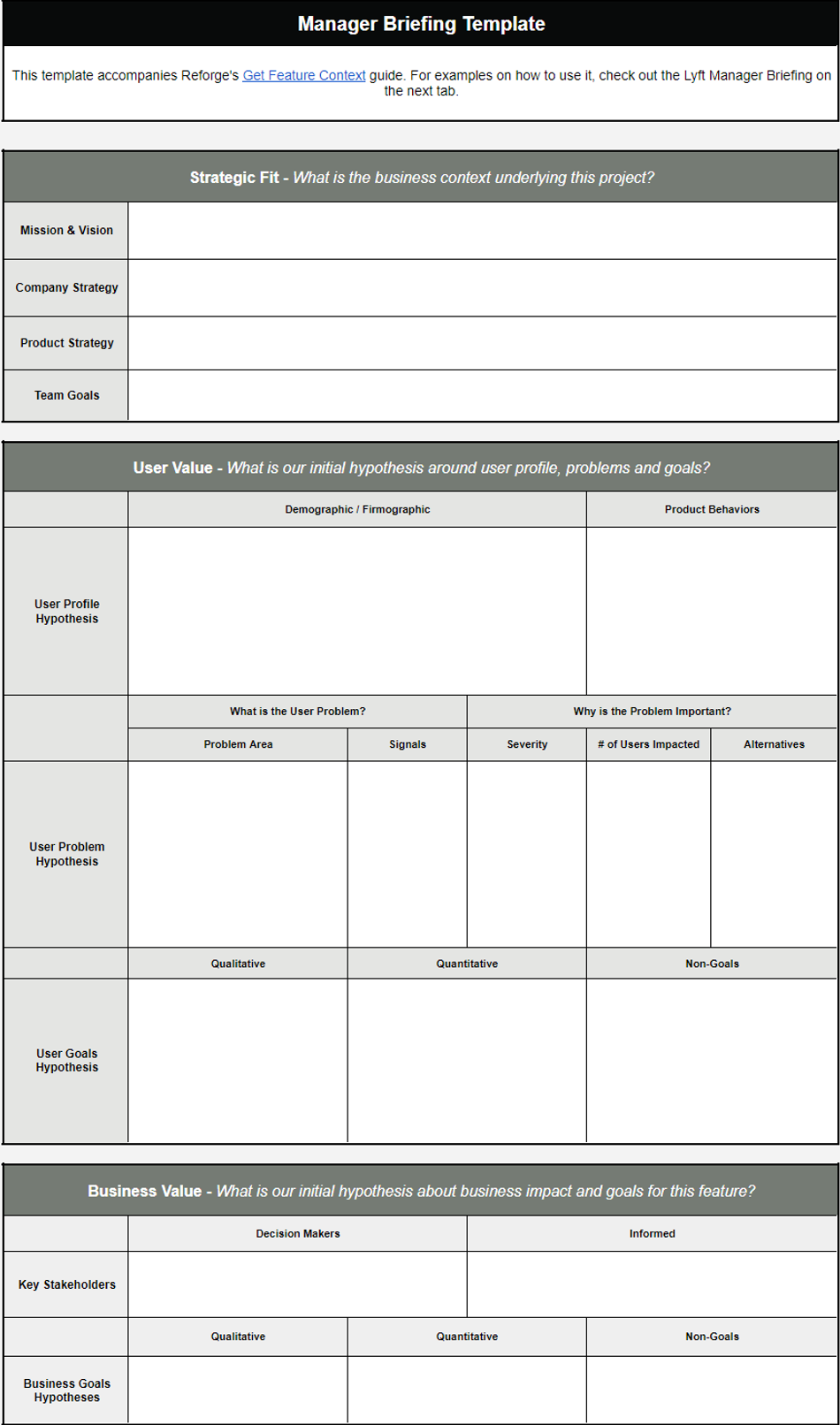 Manager briefing template from Reforge