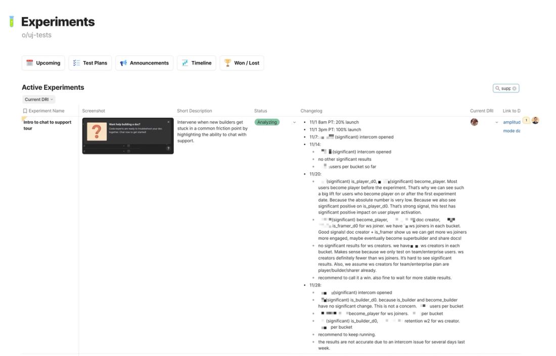 Experiment tracker at Coda