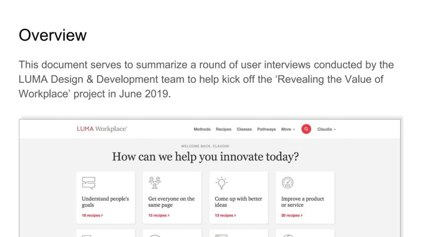 User research insights presentation at LUMA