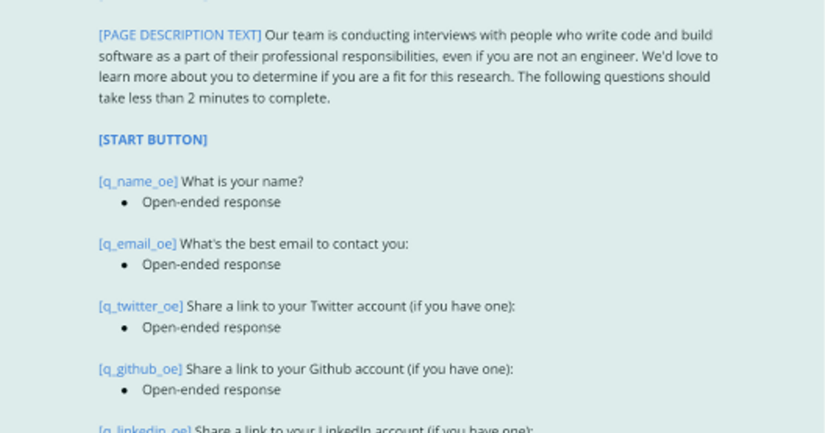 User Interviews Screening Survey at Stealth Startup