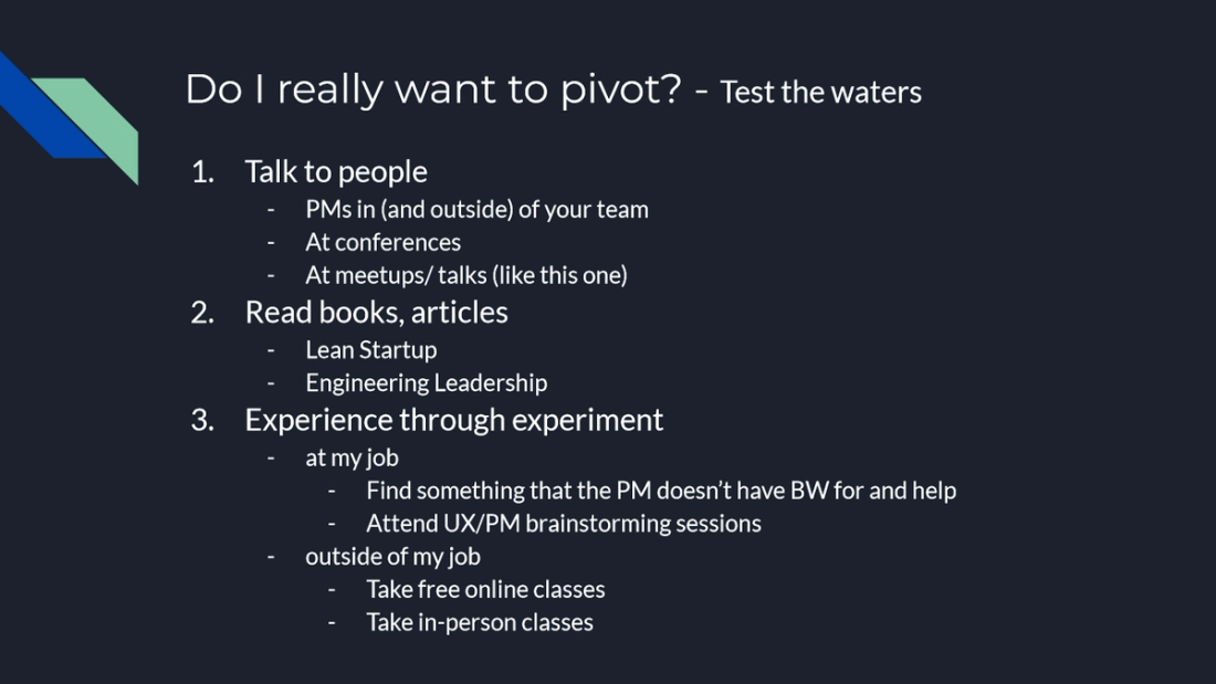 Structured framework for transitioning to a PM role