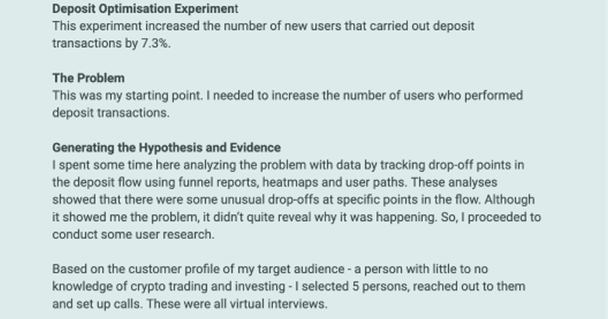 Deposit flow optimization experiment at Quidax