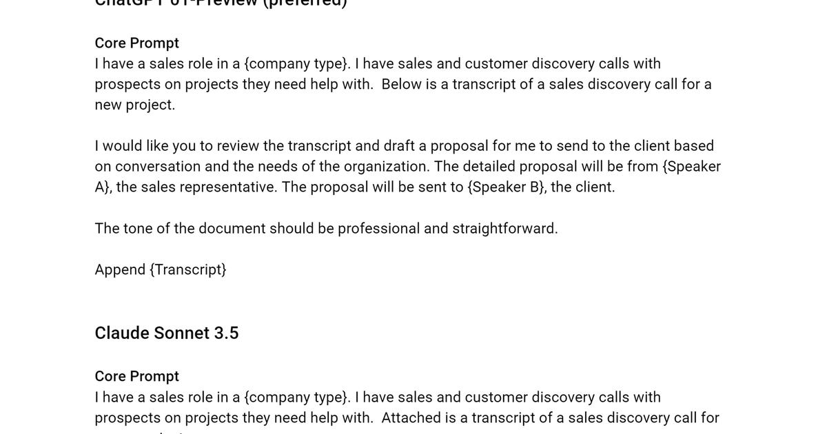 Drafting project proposals from a sales discovery transcript using LLMs