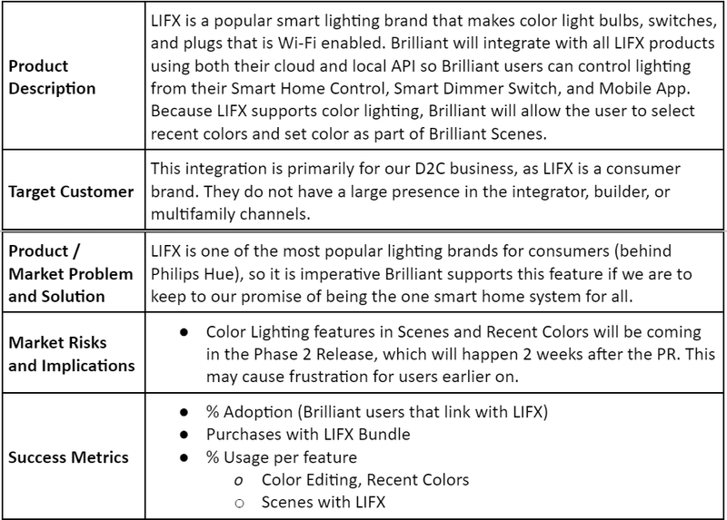 GTM Brief for LIFX Integration at Brilliant Smart Home