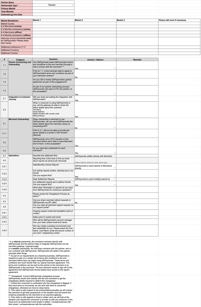 Payment partner onboarding questionnaire