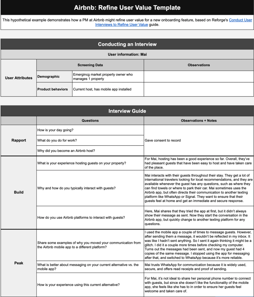 Refine user value template: Airbnb example