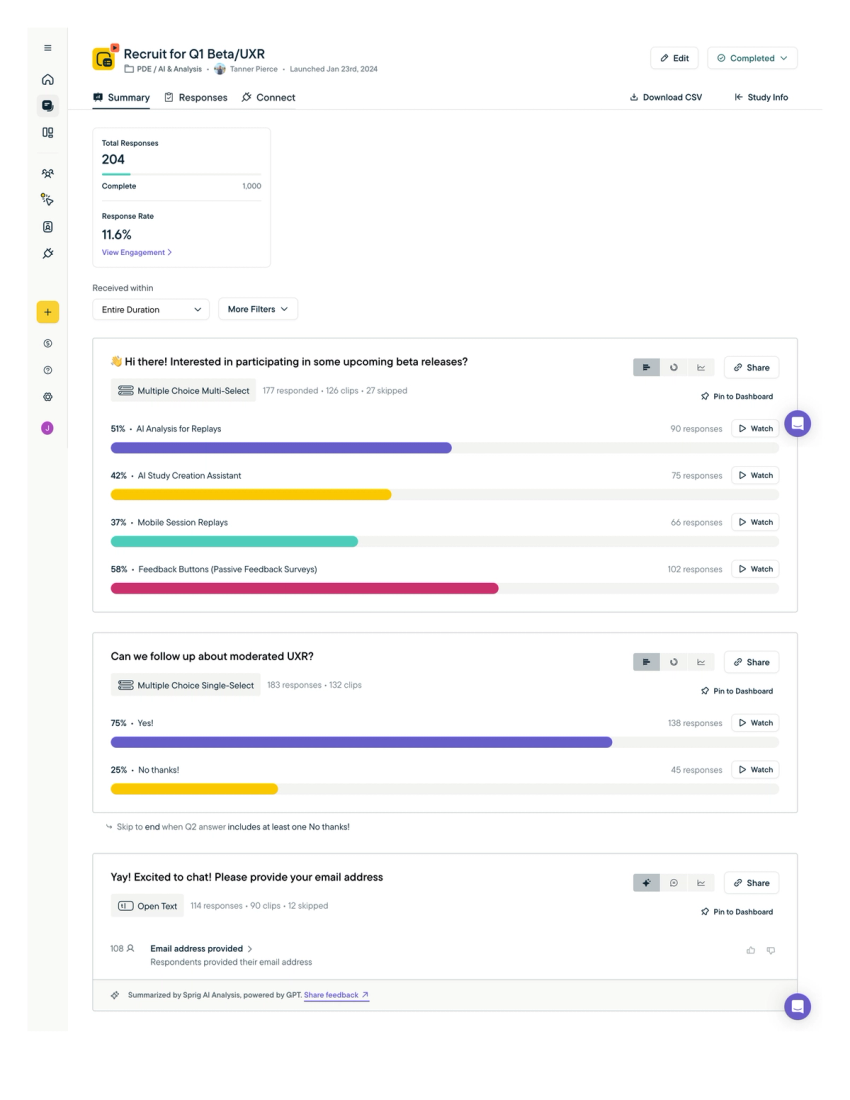 In-product survey for recruiting beta testers at Sprig