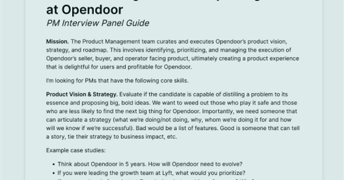 Product Manager interview panel guide at Opendoor