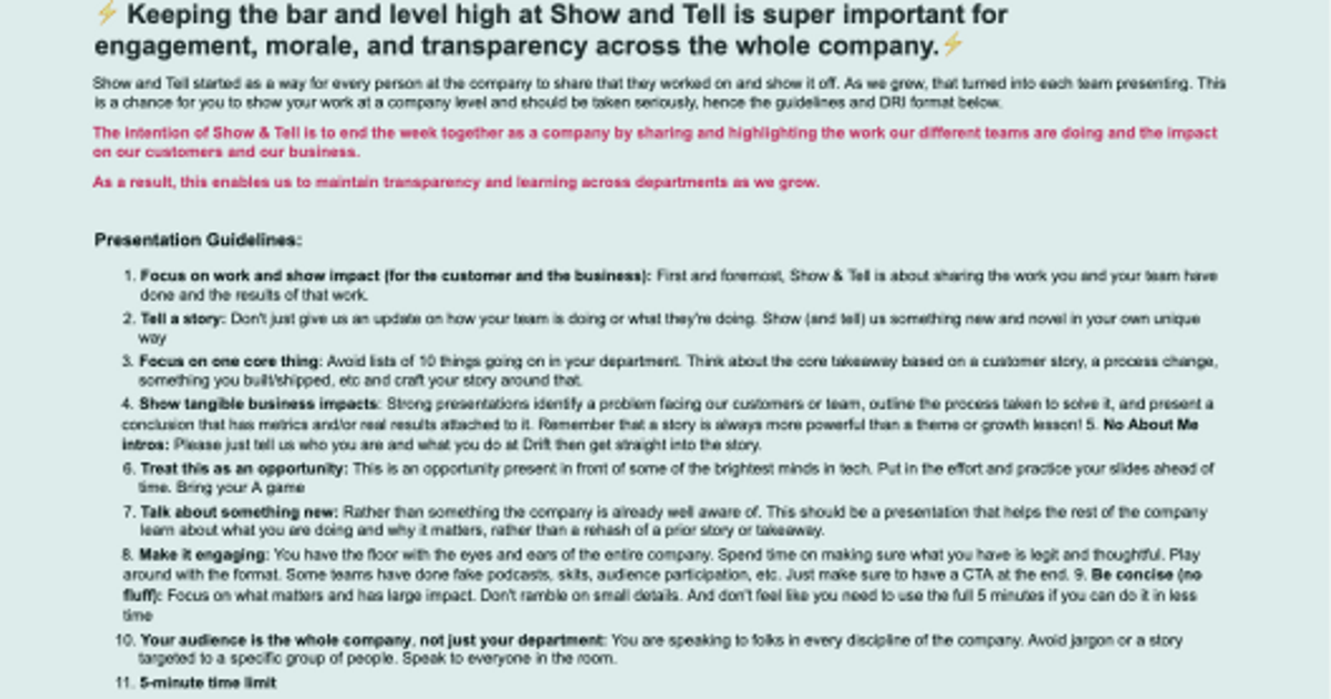 Show and Tell Meeting Guidelines at Drift
