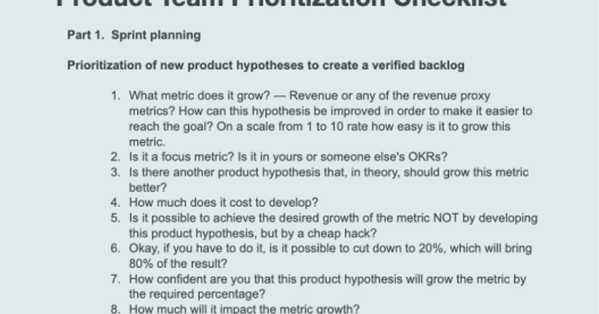 Product team prioritization checklist by Nataly Avanesova