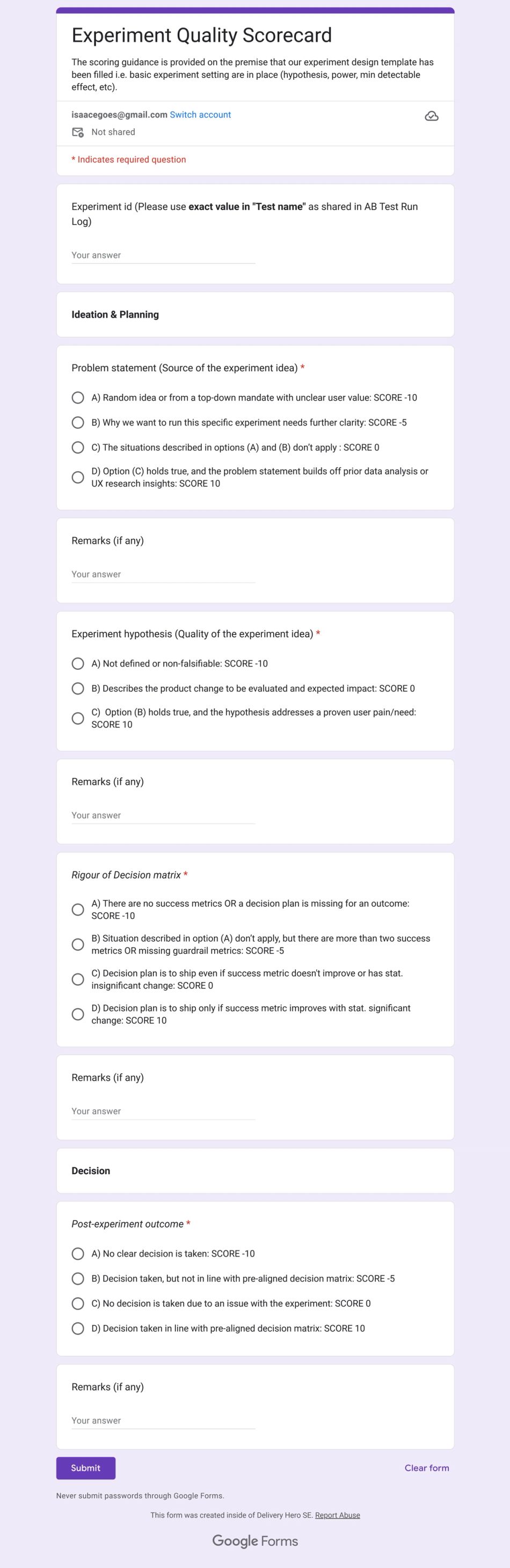 Experiment Quality Scorecard at Delivery Hero