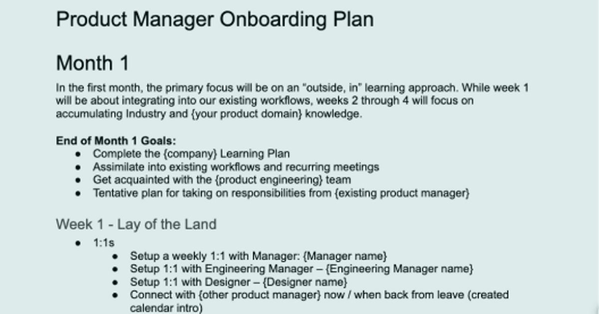 Product Manager Onboarding Plan