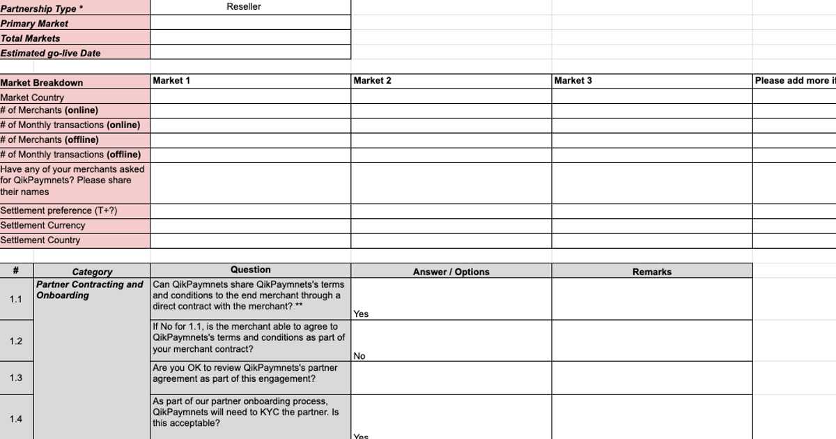 Payment partner onboarding questionnaire