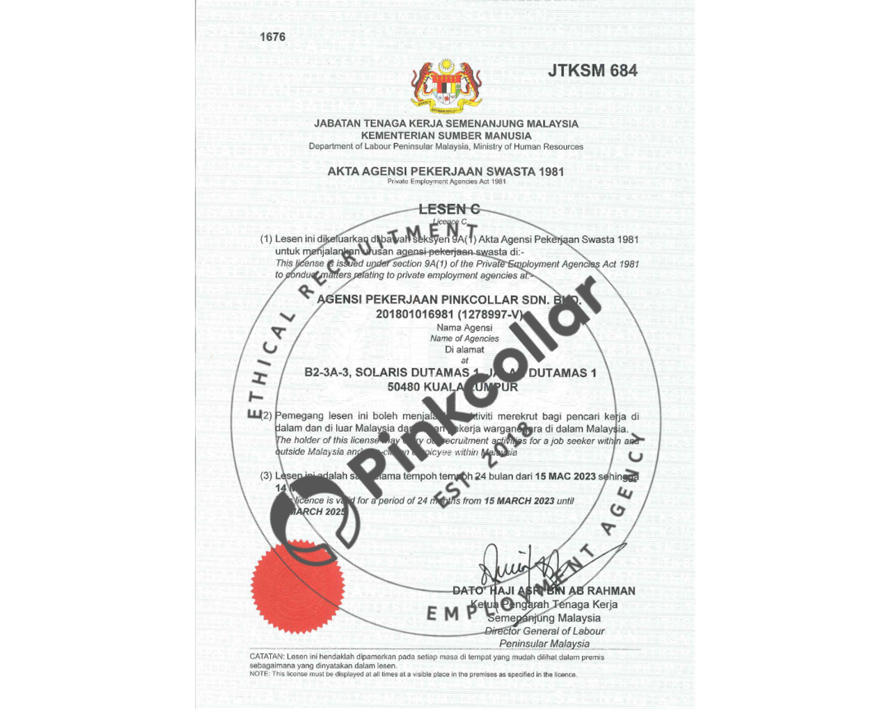 Licenses & Accreditations - Pinkcollar Employment Agency