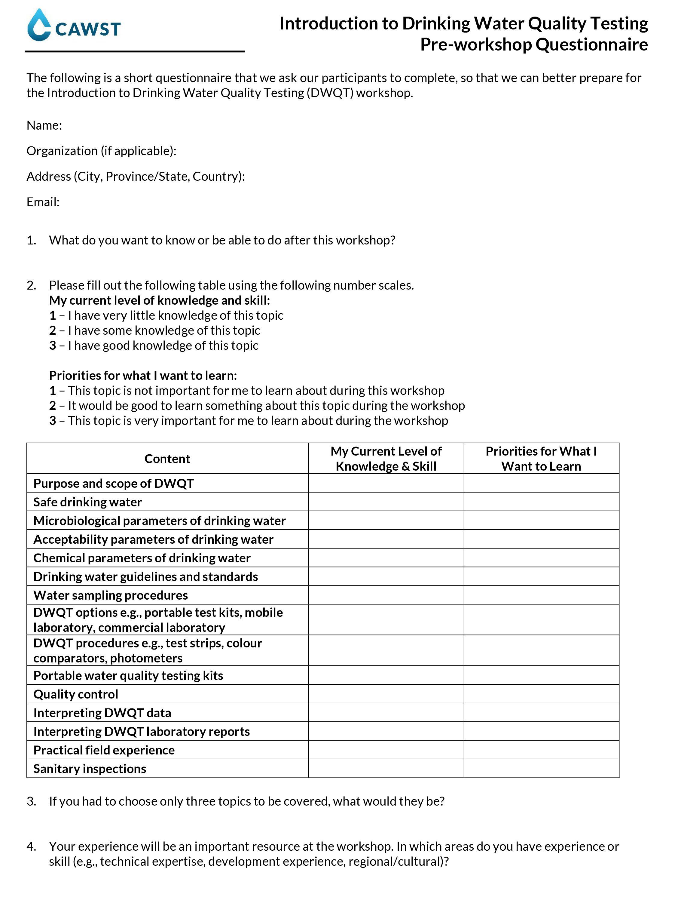 Pre-Workshop Questionnaire (DWQT) | WASH Resources