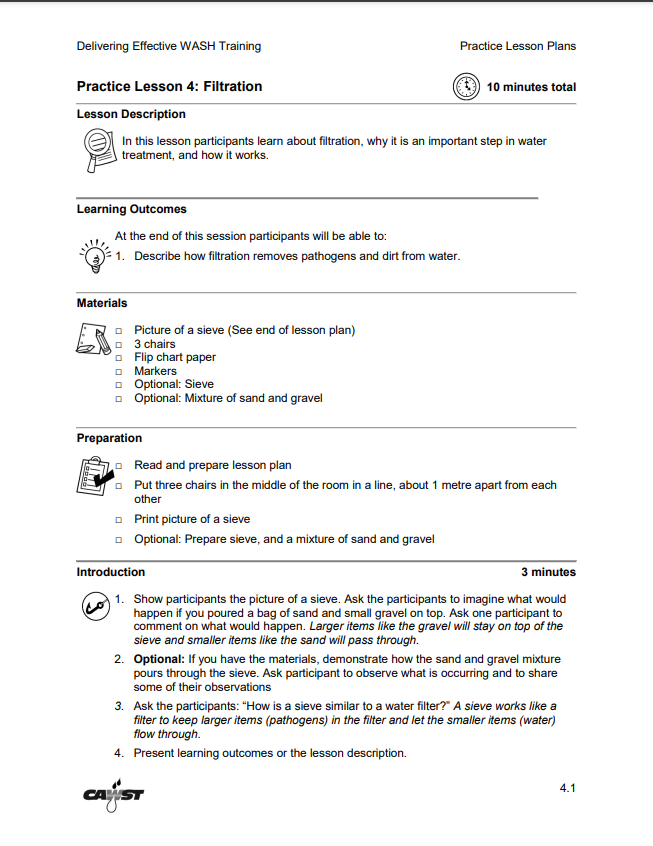 Filtration - Practice Lesson Plan (DEWT) | WASH Resources