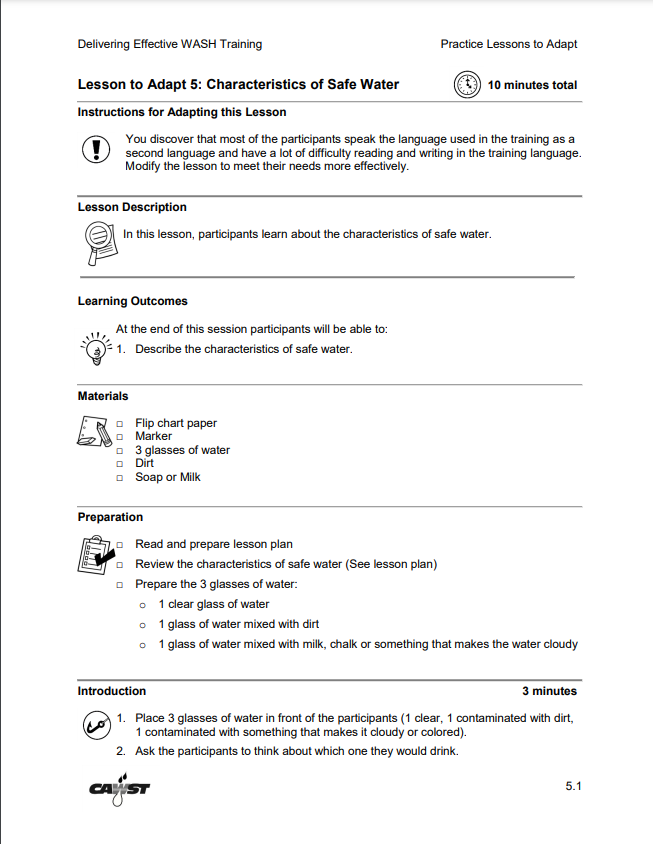 Safe Water - Lesson to Adapt (DEWT) | WASH Resources