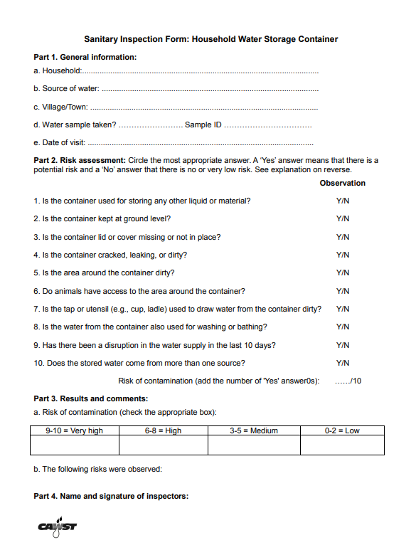 Household Storage Container Sanitary Inspection Form | WASH Resources