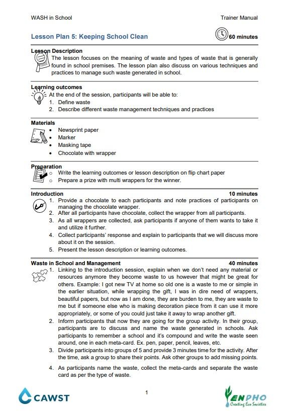 Keeping School Clean - Lesson Plan (WiS Nepal) | WASH Resources