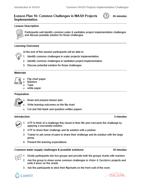Common Challenges in WASH - Lesson Plan (Intro to WASH) | WASH Resources