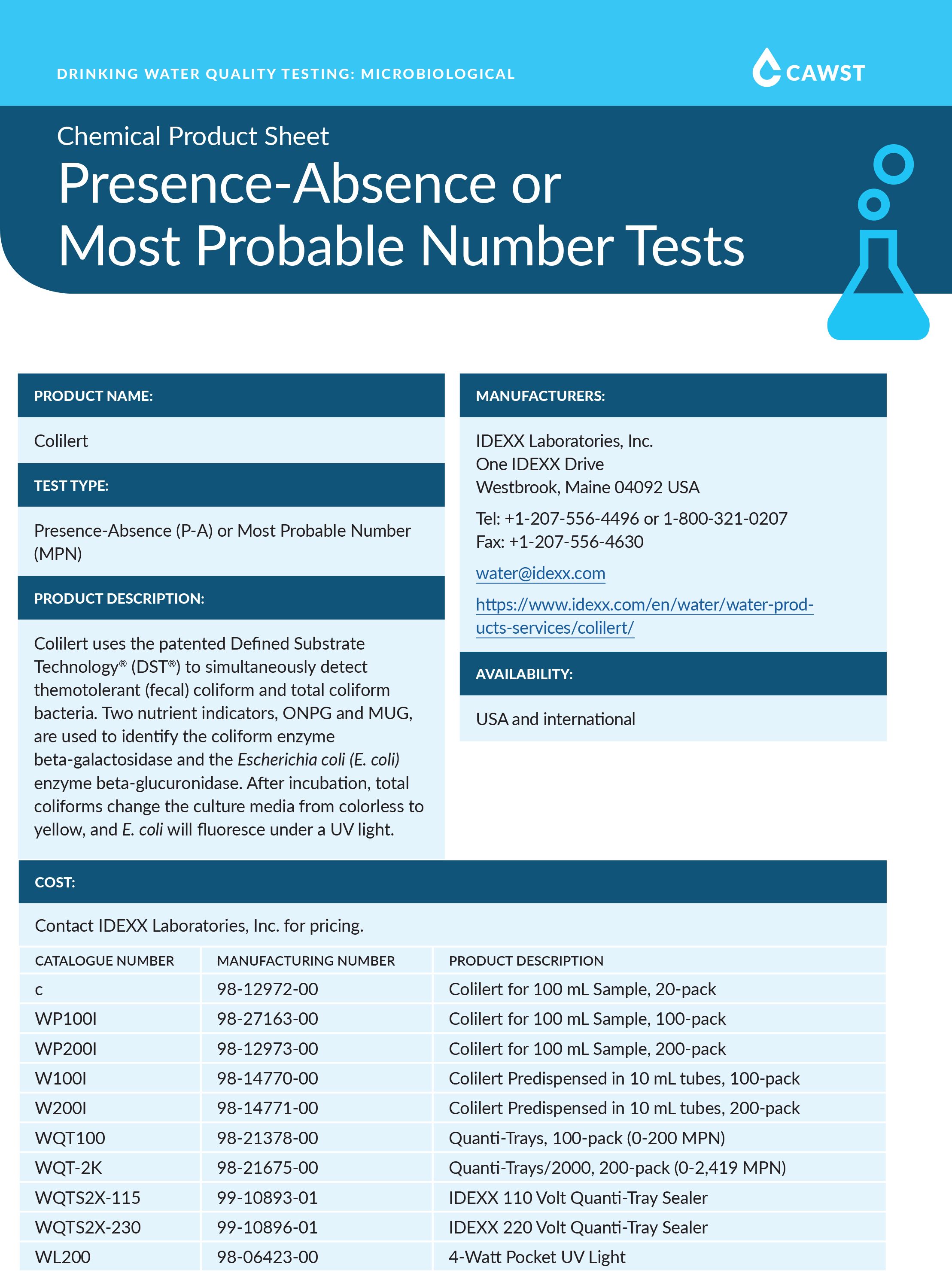 IDEXX Colilert Product Sheet | WASH Resources