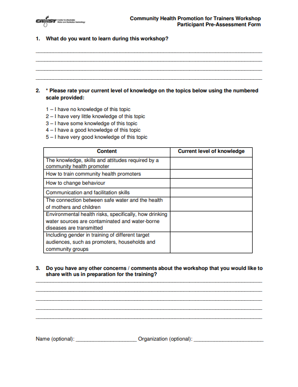Community Health Promotion for Trainers Pre-Assessment | WASH Resources