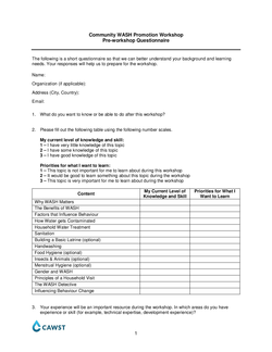 Community WASH Promotion Pre-Workshop Questionnaire | WASH Resources