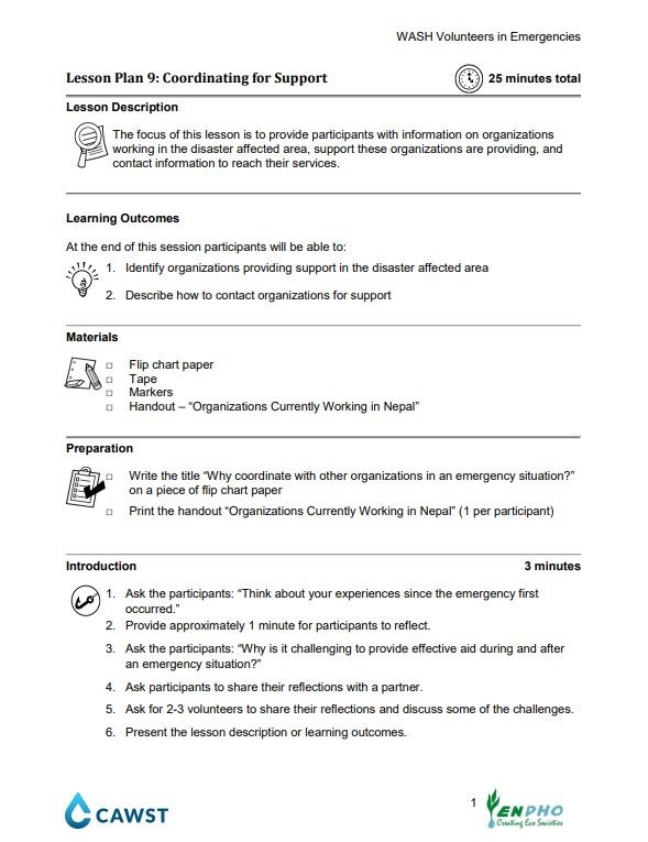 Coordinating for Support - Lesson Plan (E-WASH Nepal) | WASH Resources