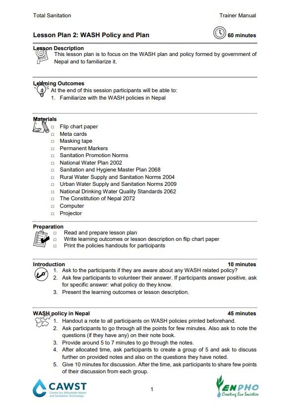 WASH Policy and Plan - Lesson Plan (TS3 Nepal) | WASH Resources