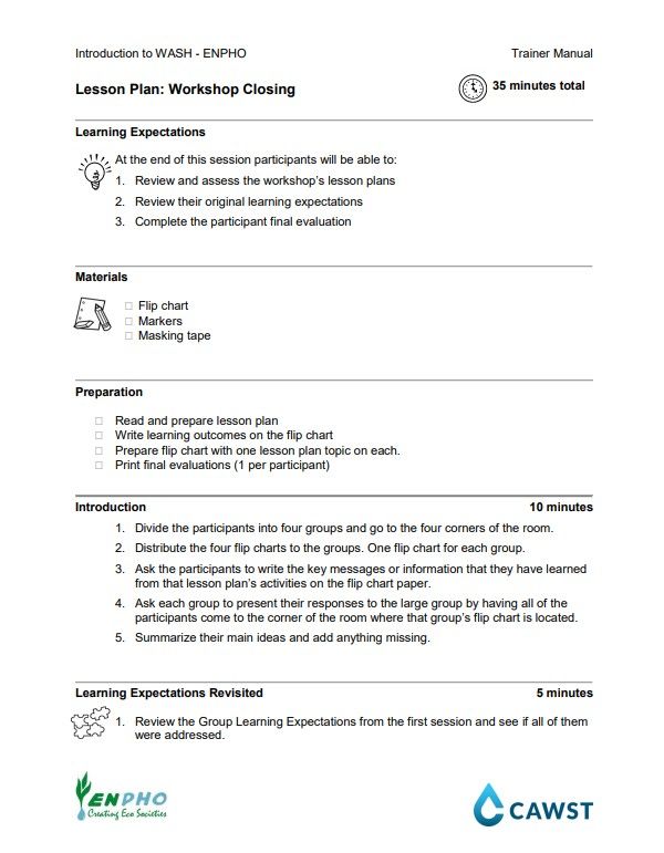Workshop Closing - Lesson Plan (Intro to WASH Nepal) | WASH Resources