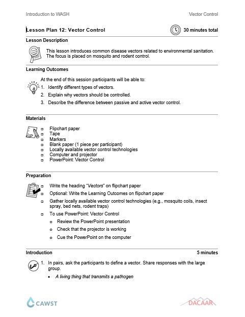 Vector Control - Lesson Plan (Intro to WASH) | WASH Resources