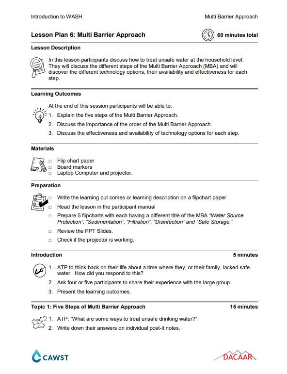 Multi-Barrier Approach - Lesson Plan (Intro to WASH) | WASH Resources
