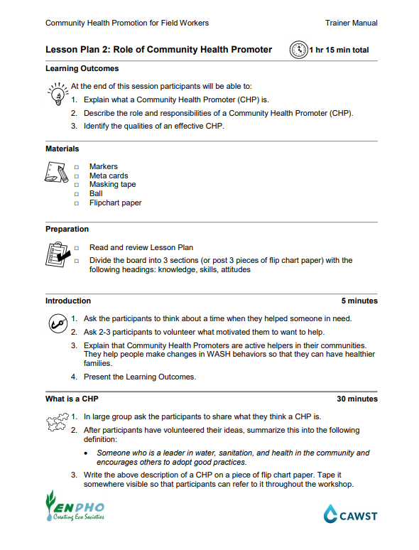 Role of Community Health Promoter | WASH Resources