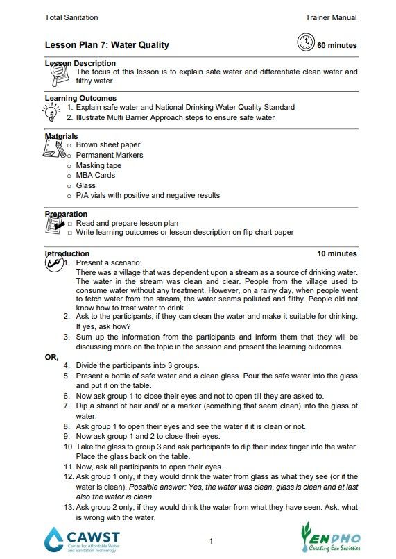 Water Quality - Lesson Plan (TS3 Nepal) | WASH Resources