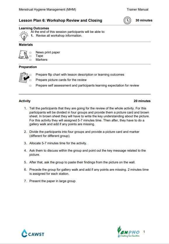 Workshop Closing - Lesson Plan (MHM Nepal) | WASH Resources