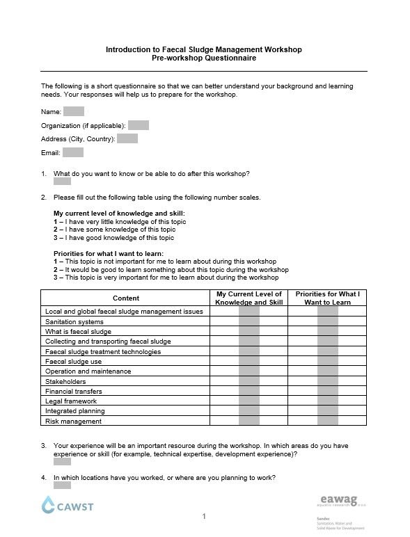 Faecal Sludge Management Pre-Workshop Questionnaire | WASH Resources