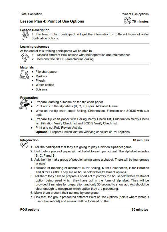 Point of Use Options - Lesson Plan (TS2 Nepal) | WASH Resources