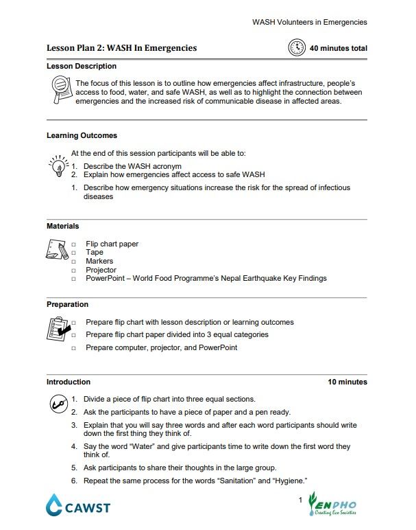 WASH in Emergencies - Lesson Plan (E-WASH Nepal) | WASH Resources