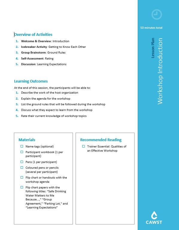 Workshop Introduction - Lesson Plan (HWTS) | WASH Resources