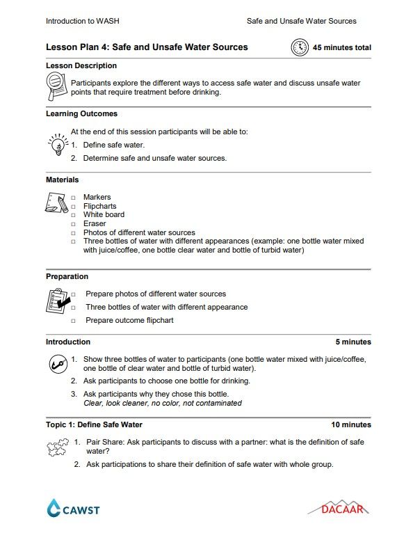 Safe and Unsafe Water - Lesson Plan (Intro to WASH) | WASH Resources