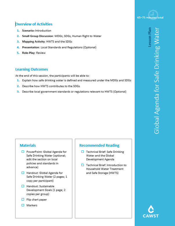 Global Agenda for Safe Drinking Water - Lesson Plan (HWTS) | WASH Resources